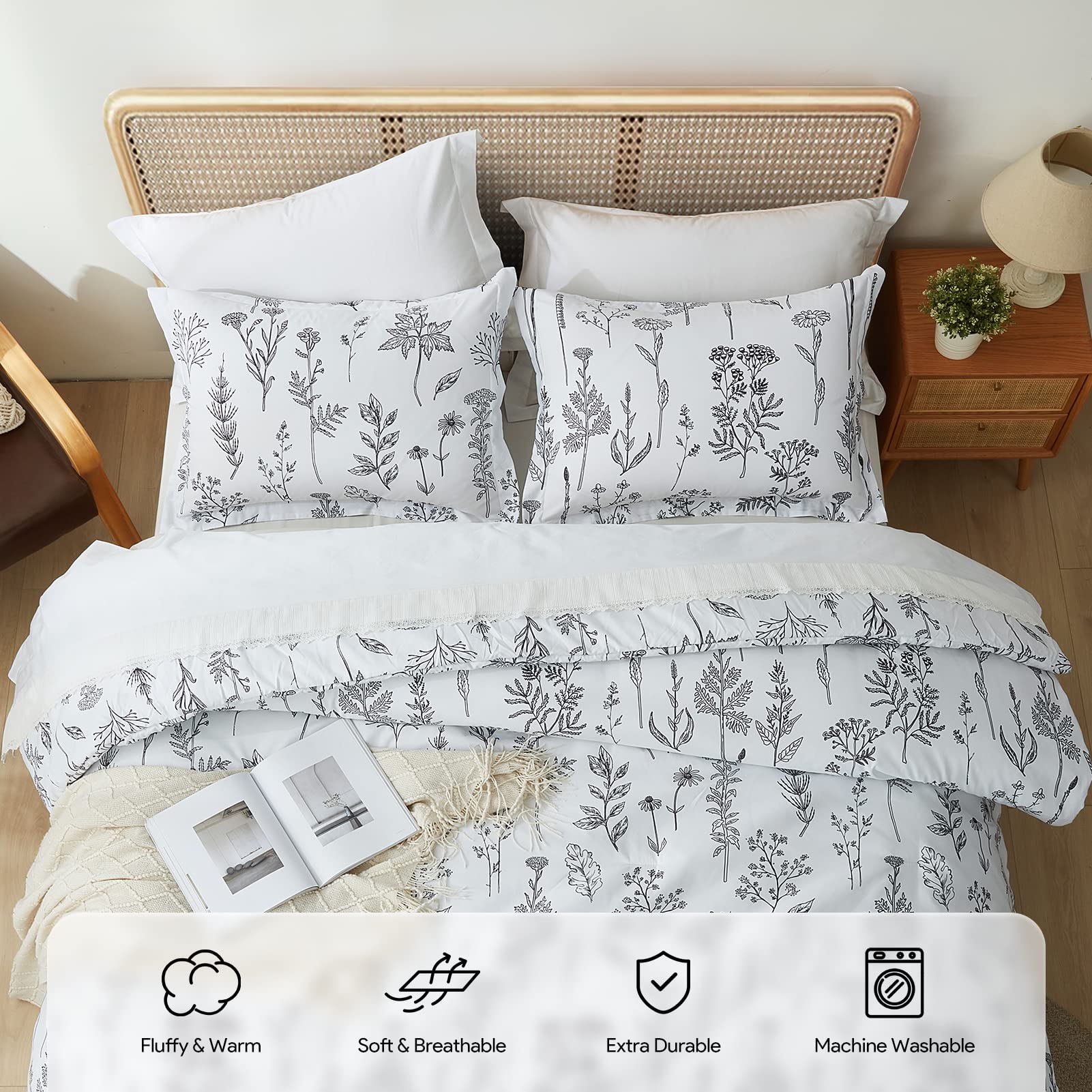 Maple&Stone Twin Comforter Set, White Comforter with 1 Pillow Sham, 2 Pieces Floral Print Bed Set (Twin, White)