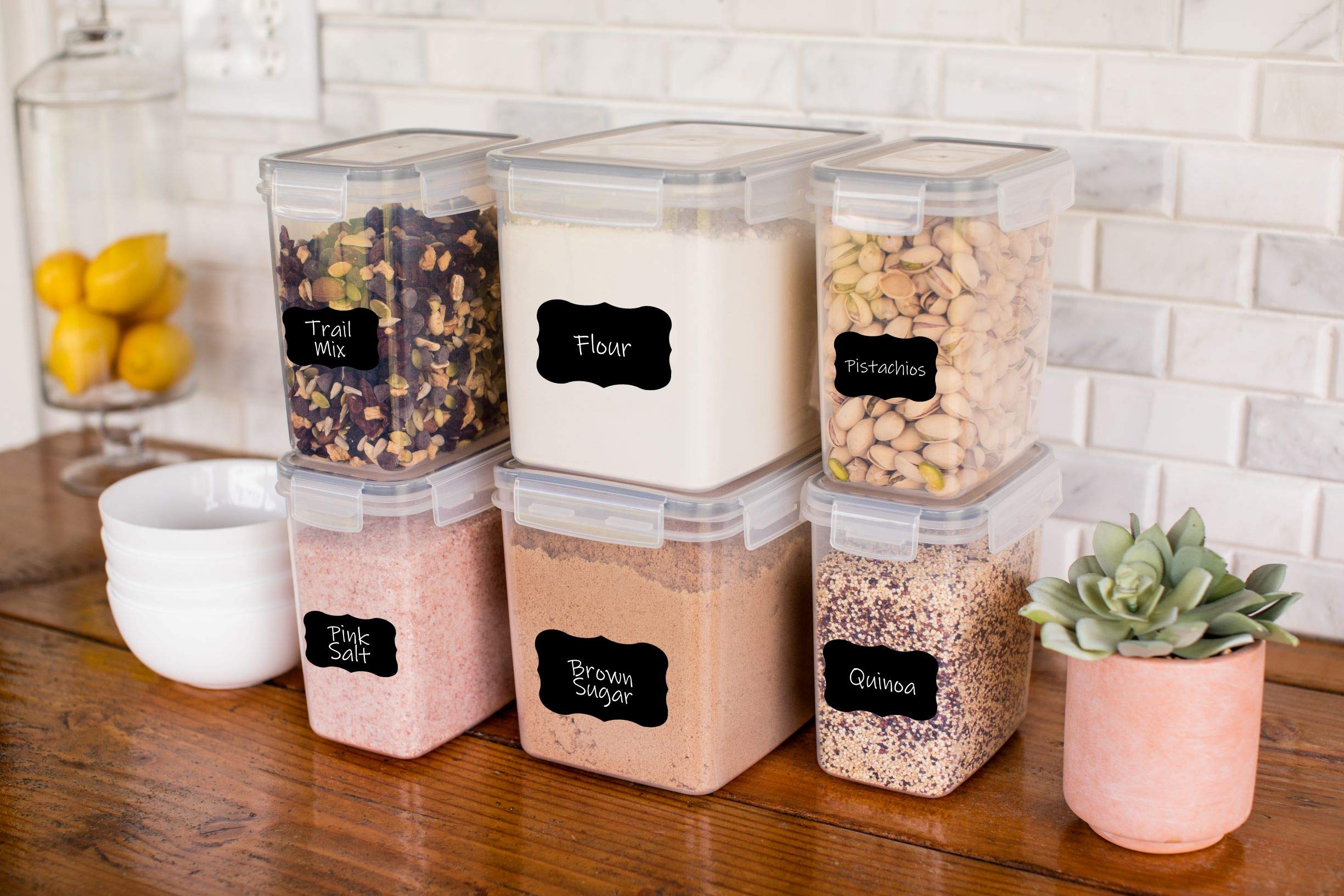 Simple Gourmet Airtight Food Storage Containers - Set of 6 Flour and Sugar Canisters for Pantry Storage and Organization - Marker & Labels Included