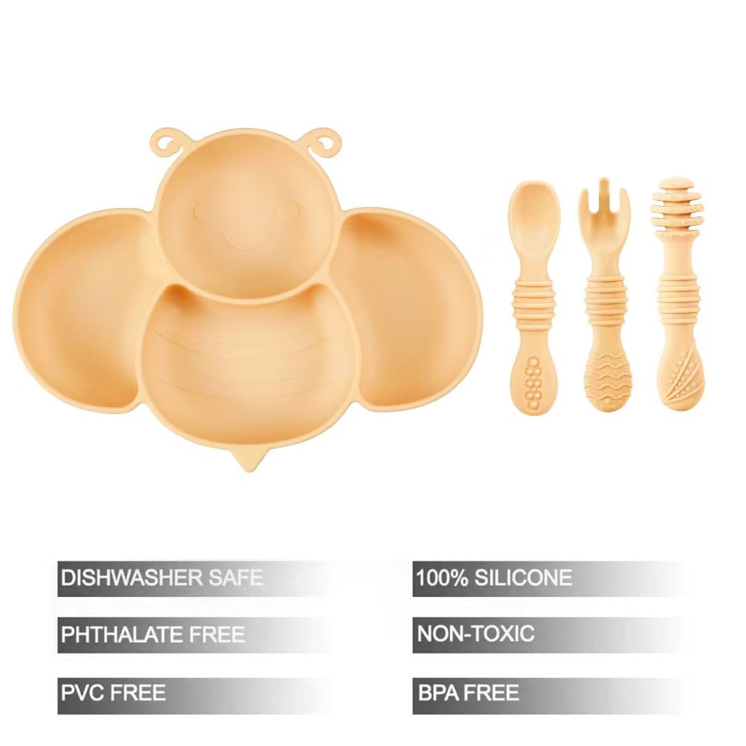 PandaEar Silicone Suction Plates with 3 Spoons Forks for Babies & Toddlers| Divided Unbreakable Toddler Plate| Baby Led Weaning Supplies Self Feeding Eating Utensils| BPA-Free