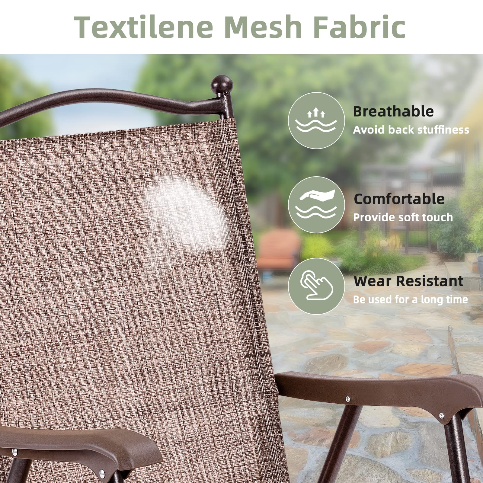 Tangkula Set of 2 Patio Folding Dining Chairs, Outdoor Sling Lawn Chairs with Armrests, Steel Frame, Portable Camping Lounge Chairs for Backyard, Deck, Poolside and Garden, No Assembly (Brown)