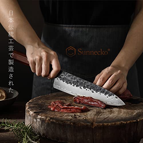 Sunnecko Japanese Gyuto Chef Knife - 8 Inch Chefs Knife for Kitchen,3 Layers 9CR18MOV High Carbon Steel Sharp Cutting Knife,Hand Forged Hammered Pattern