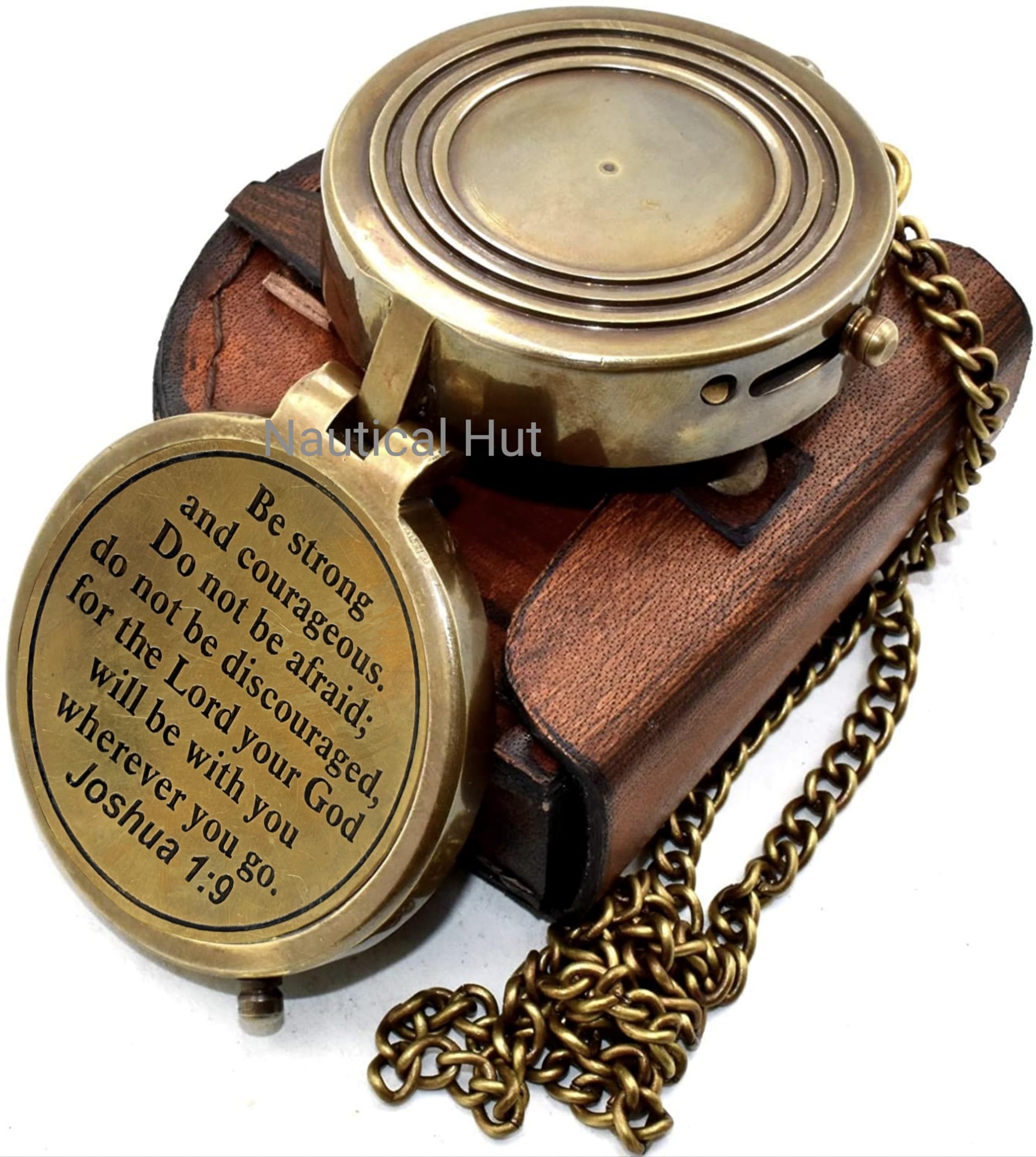 Nautical Hut Compass Your Tommy Your Tubbo Brass Pocket Compass with Leather Carry Case, Compass with Chain, Pirates Compass, Engravable Gift Compass, Camping Compass