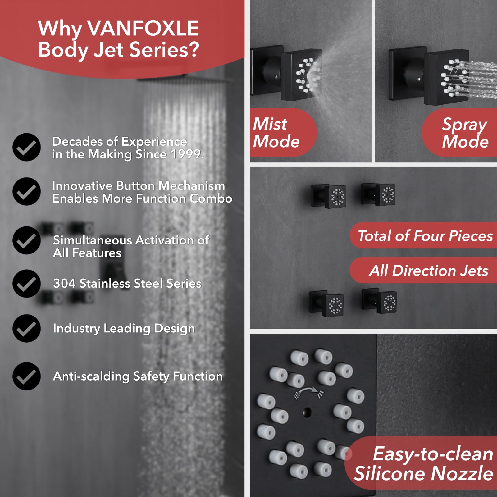 VANFOXLE Shower Faucets Sets Complete Matte Black Shower System,Push Button Diverter Shower Faucet with 2 in 1 Handheld,10 Inch Shower Head with 4 PCS Dual Modes Body Jets(2 Inch)