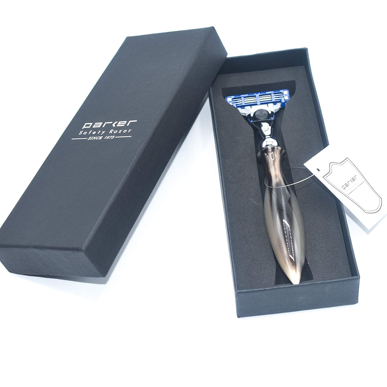 Parker Safety Razor, 50M Genuine Ox Horn Triple Blade Gillette Mach 3 Compatible Razor Handle, 1 Mach 3 Blade included.