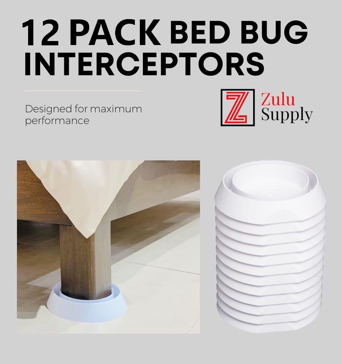 Zulu Supply Bed Bug Interceptors, Traps, 12 Pack, Bedbug Monitor, Detector for Bed Legs or Furniture (White 12-Pack)