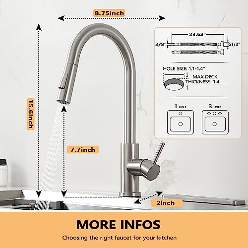 SATICO Single One Hole Single Handle Kitchen Faucet Brushed Nickel Faucet with Pull Down Sprayer Sink Faucet F80105BN Modern Contemporary Faucet in Stainless Steel & Brass cUPC NSF CEC Certified