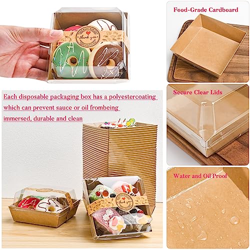 Paper Charcuterie Boxes with Clear Lids and Stickers - 50 SETS 4 Inches Square Disposable Food Containers Bakery Boxes for Bakery, Macaron, Sandwich, Slice Cake, Cookies, Hot Cocoa Bombs, Strawberries (Brown)