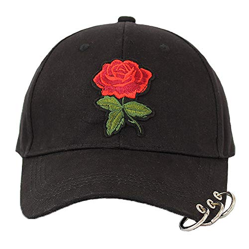 Nutriangee Men Women Rose Floral Embroidered Metal Ring Baseball Cap Cotton Adjustable Flower Dad Hat Black
