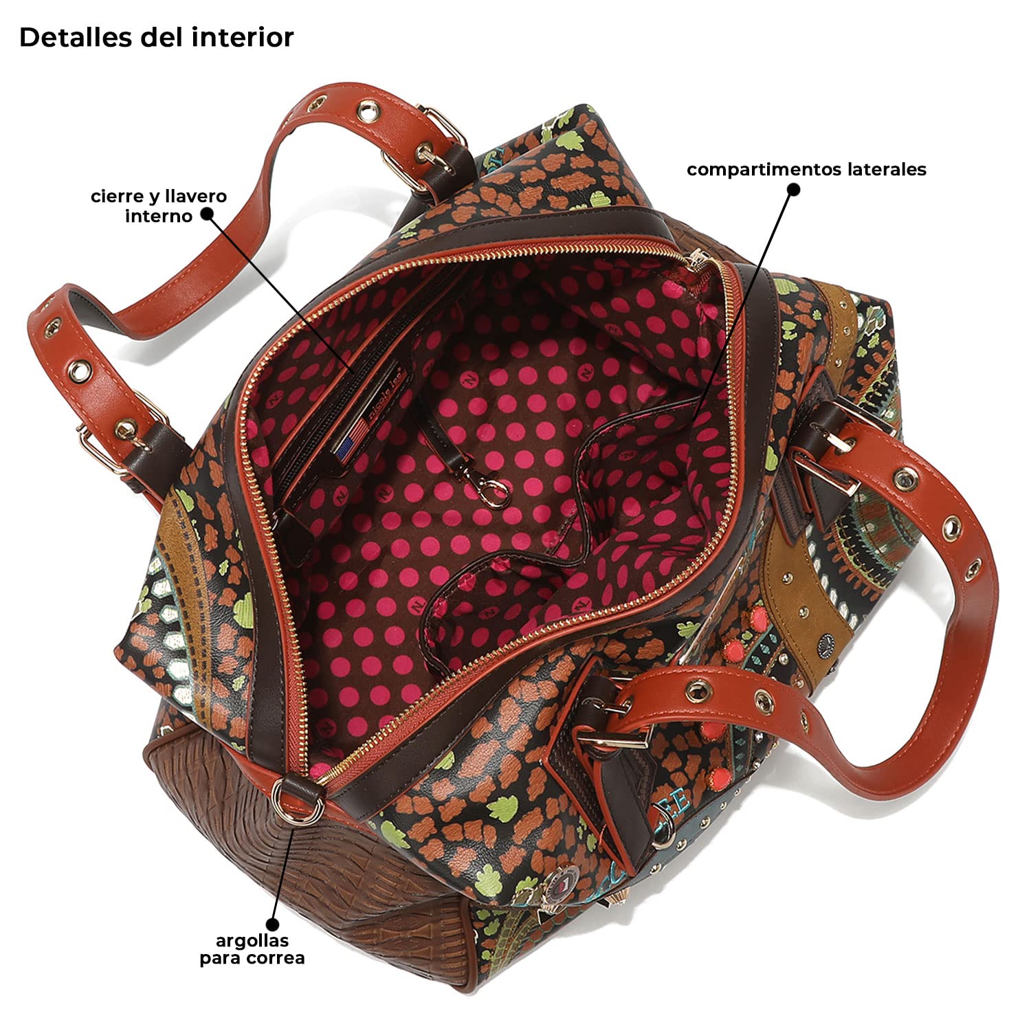 Nicole Lee Vintage Style Paisley Brown Boston Bag, Medium Embellished Shoulder Bag with Adjustable Straps