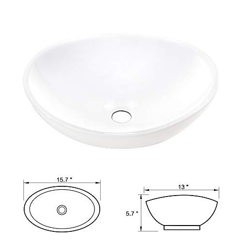VOKIM Oval White Ceramic Vessel Sink and Faucet Combo -16" x 13" Modern Egg Shape Above Counter Bathroom Vanity Bowl,Brushed Nickel Faucet Matching Pop Up Drain Combo