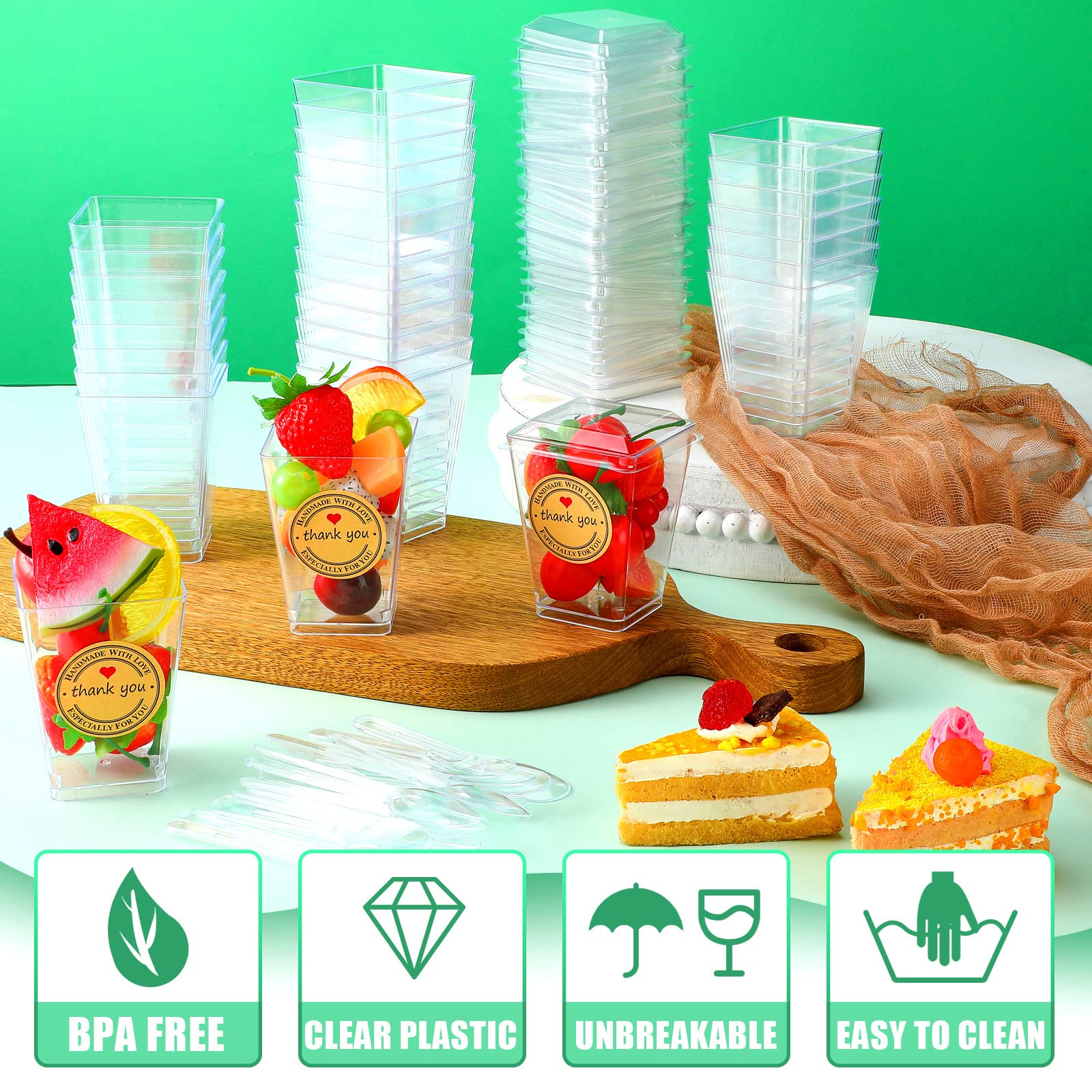 Sieral 50 Packs 5 oz Clear Plastic Dessert Cups with Lids, Spoons Sheets Stickers, Small Square Parfait Appetizer Cups, Party Shooter Serving Cups, Mini Dessert Shot Glasses for Tasting