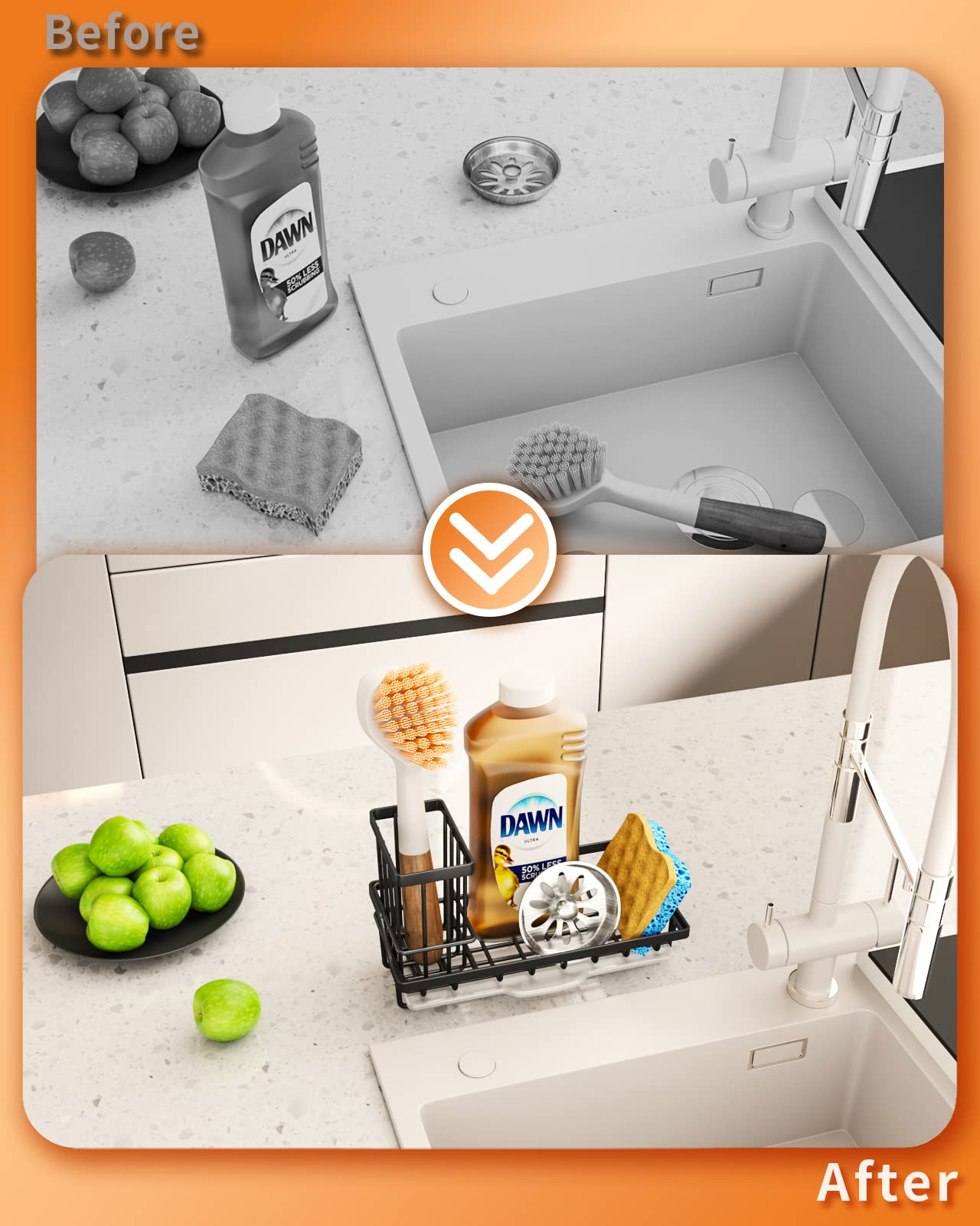 SWTYMIKI Sink Caddy Sponge Holder - Kitchen Sink Organizer with High Brush Holder for Countertop by the Sink Holding Dish Soaps and Sponges, Stainless Steel, Black