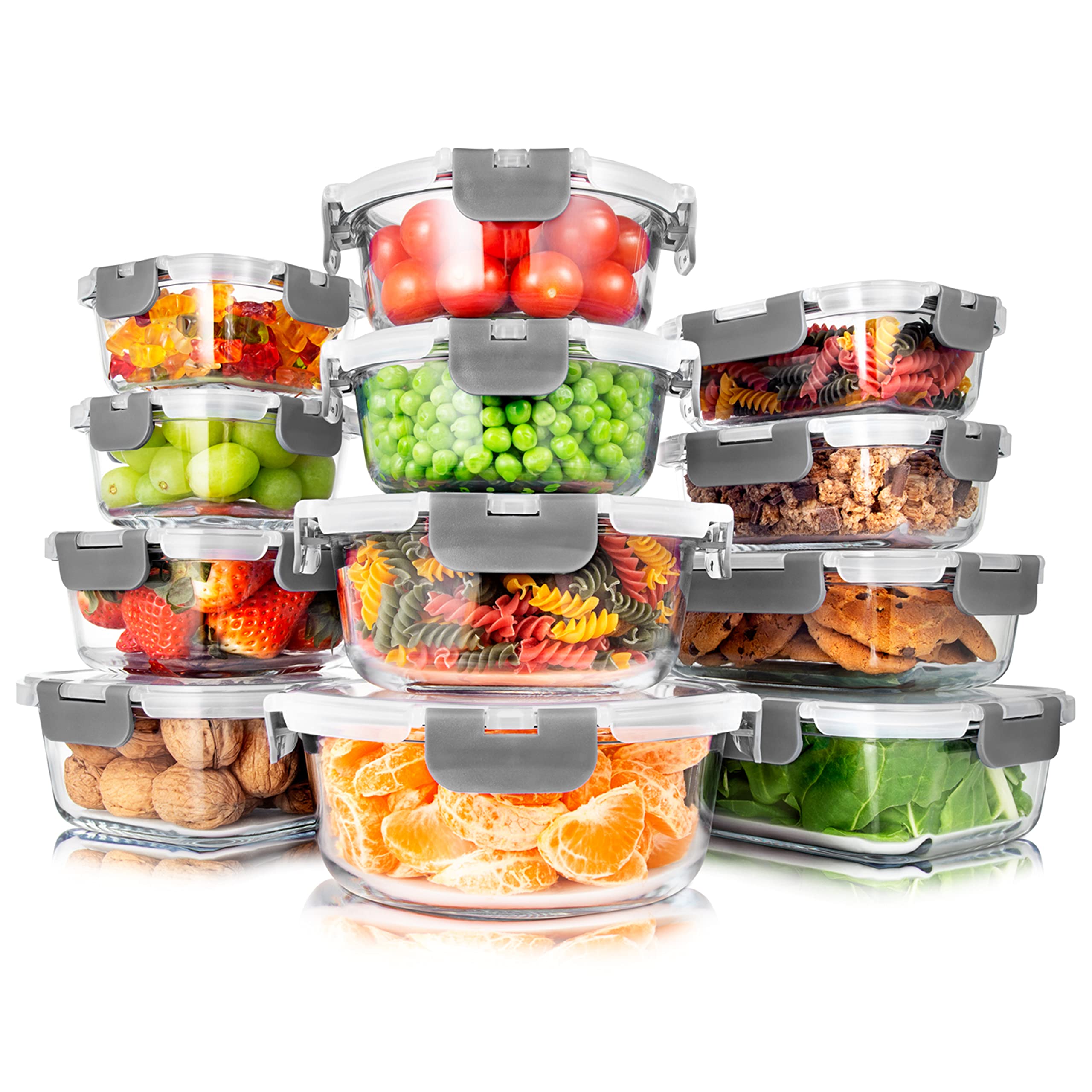 SereneLife 24-Piece Food Glass Storage Containers - Superior Glass Food Storage Set, Stackable Design with Newly Innovated Hinged Locking lids, 11 To 35 Oz. Capacity, Gray - SLGL24GY