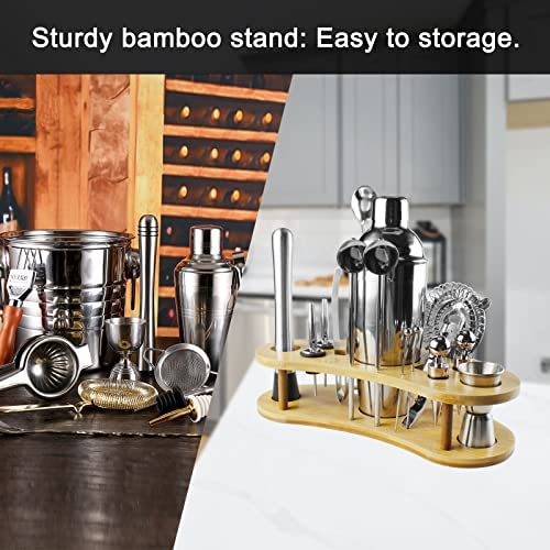 SUNPIN Cocktail Shaker Bartender Kit with Bamboo Stand, muddler for cocktails bar kit,24 oz Stainless Steel martini shaker, drink mixer,16-Piece bar set cocktail shaker set