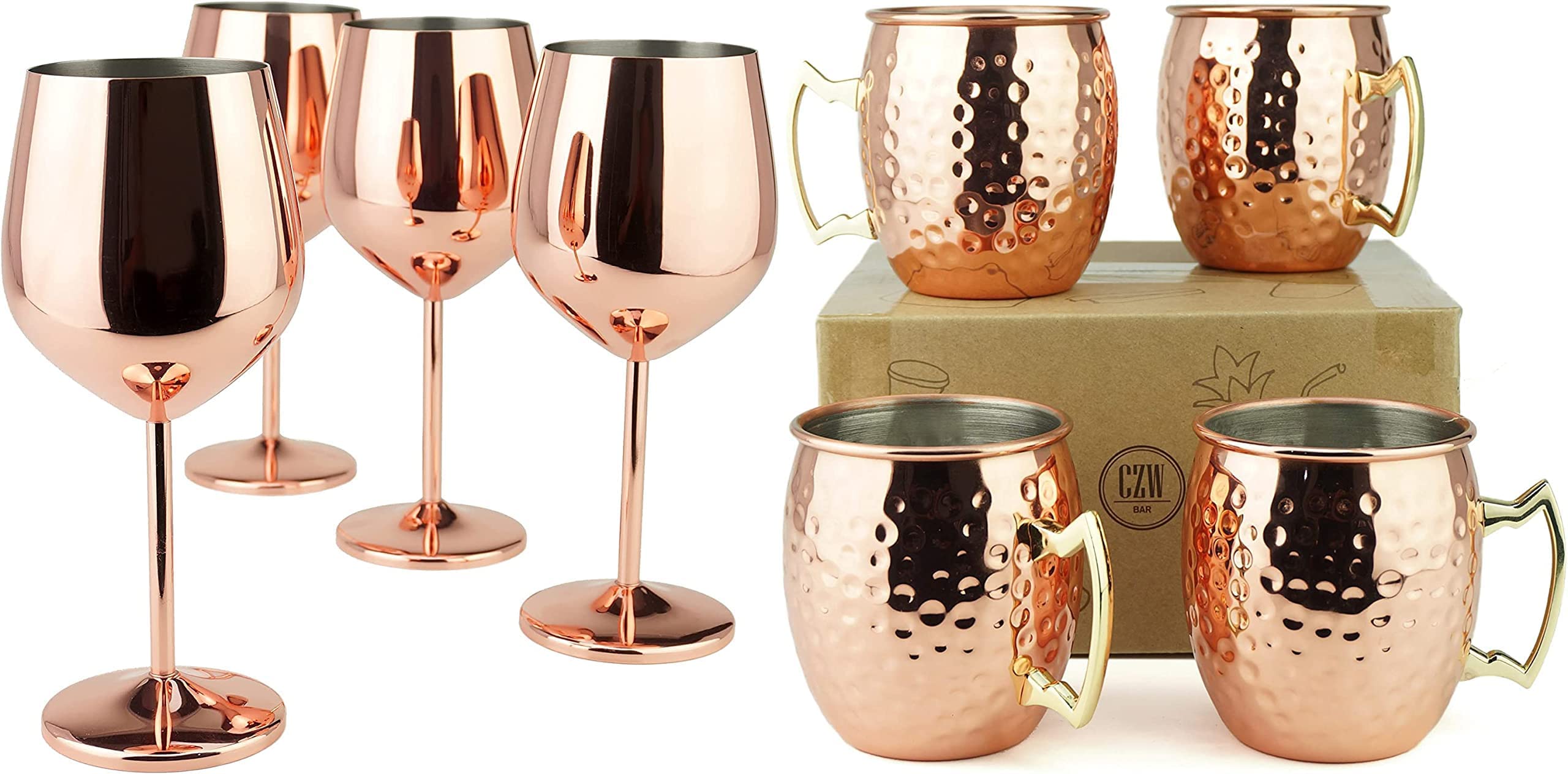 PG Bundle #1 - Moscow Mule Mugs (4pc) and Copper Stainless Steel Wine Glass (4pc)