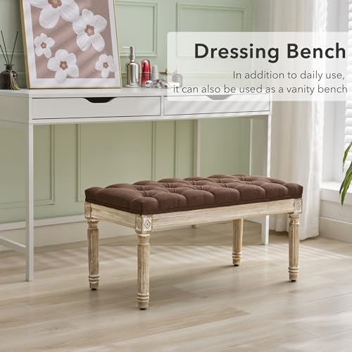 LOULENS French Vintage Bench, Linen Fabric Entryway Bench, Upholstered Tufted End of Bed Bench with Brushed Wood Legs, Dark Grey