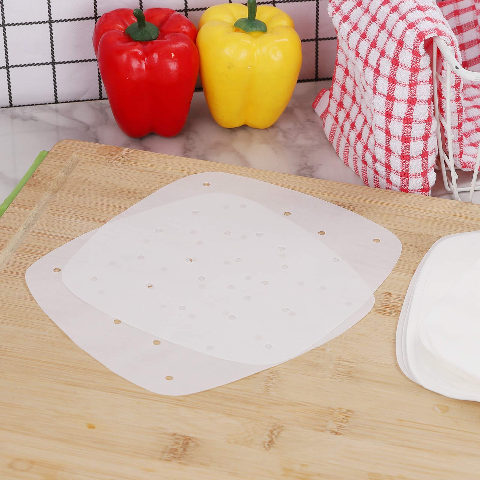 Air Fryer Disposable Paper Liners,Set of 100,8.5 inch Square Air Fryer Paper,Premium Perforated Parchment Steaming Papers,Non-stick Steamer Mat,Baking,Cooking,Steaming