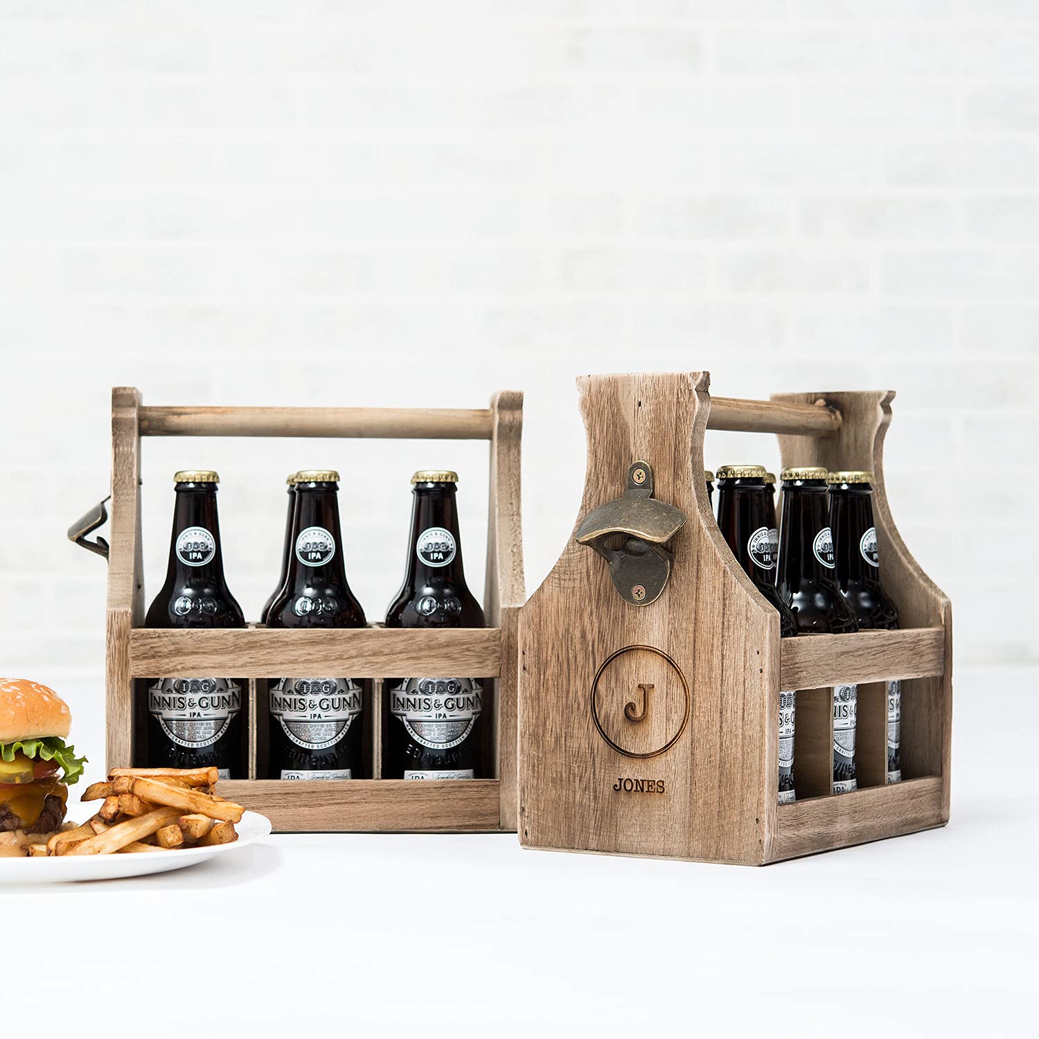 Weddingstar Custom Personalized Wooden Beer Bottle Caddy Holder with Metal Bottle Opener - Brewery Co. Etching