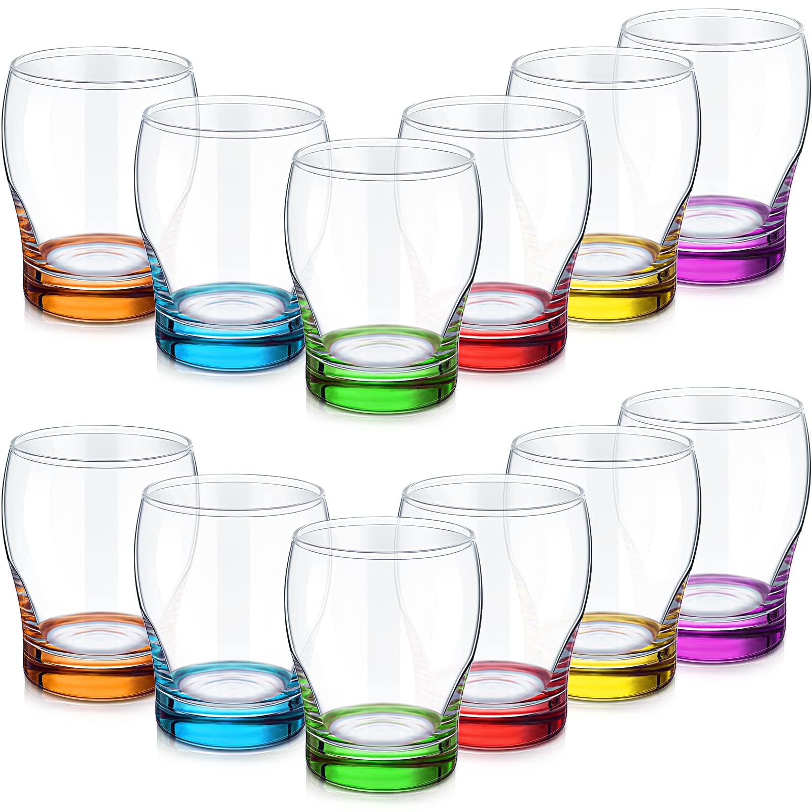 Set of 12 Colorful Drinking Glasses 11 oz Colored Glass Cups with Heavy Weighted Base Multi Colored Cocktail Glasses Stemless Wine Glass Tumbler for Beer Water Whiskey Iced Coffee Juice Smoothie
