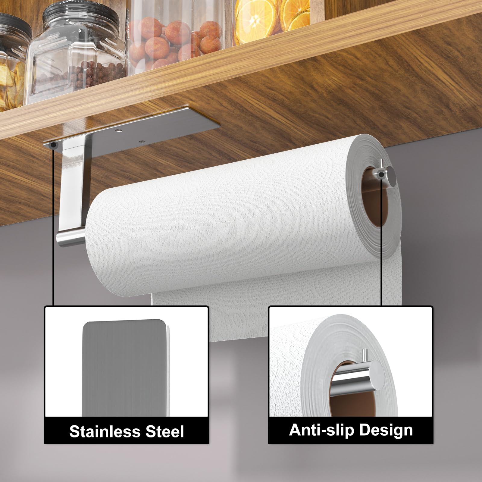 Paper Towel Holder Under Cabinet, Stainless Steel Kitchen Roll Holder Matte Black, Self-Adhesive Kitchen Towel Rack Wall-Mounted, Suitable for Pantry, Kitchen, RV