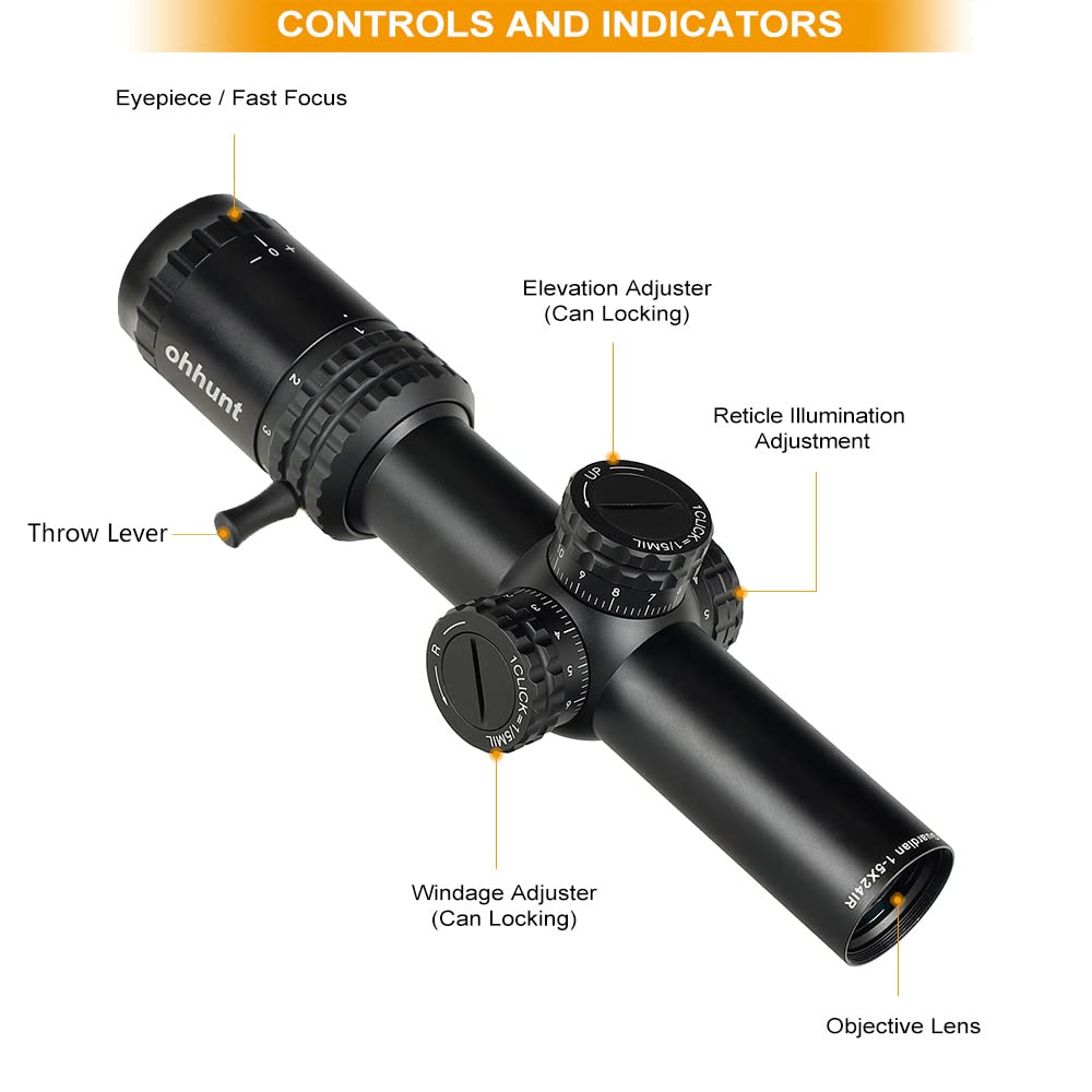 ohhunt Guardian 1-5X24 Compact Hunting Rifle Scopes Second Focal Plane Illumination Reticle Optics,Scope Mount Rings (20mm Scope Rings)