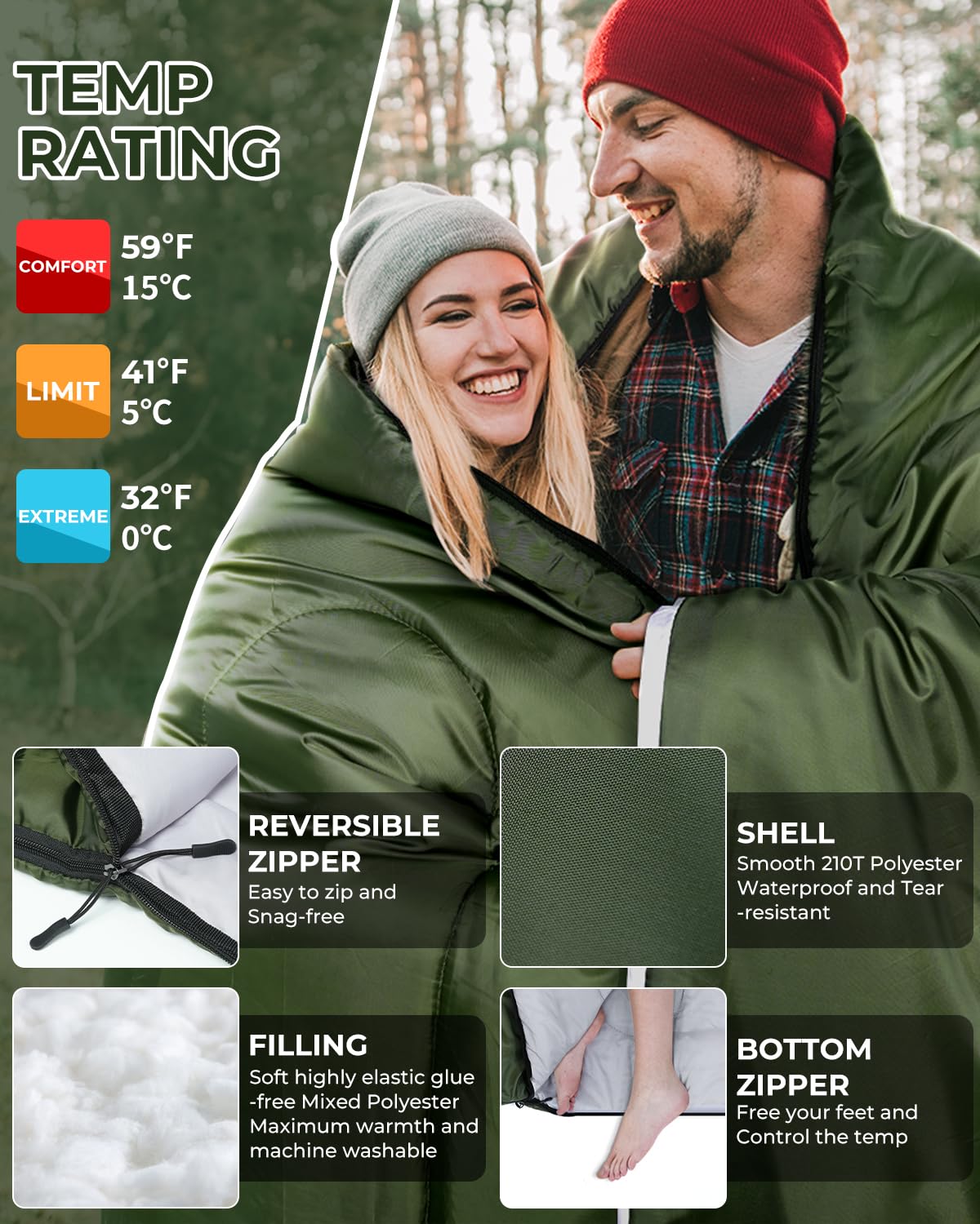 Ohuhu Double Sleeping Bag with 2 Pillows, Waterproof Lightweight 2 Person Adults Sleeping Bag for Camping, Backpacking, Hiking, with Carrying Bag (Green)