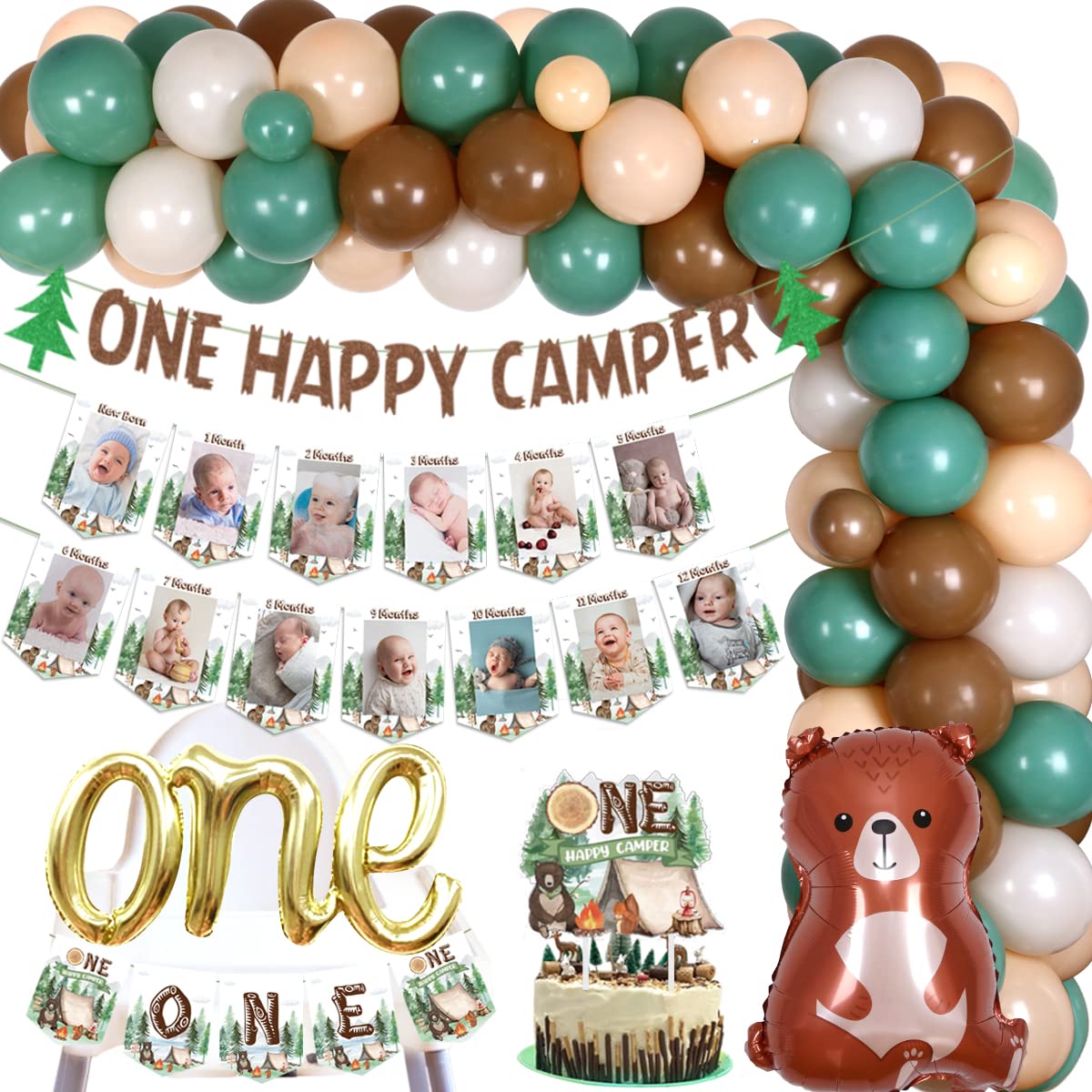One Happy Camper Birthday Decorations for Kids Green Balloon Garland One Happy Camper Photo Banner Cake Topper 1st Forest Camping Birthday Backdrop Adventure Letβs Go Camping Party 1st Supplies