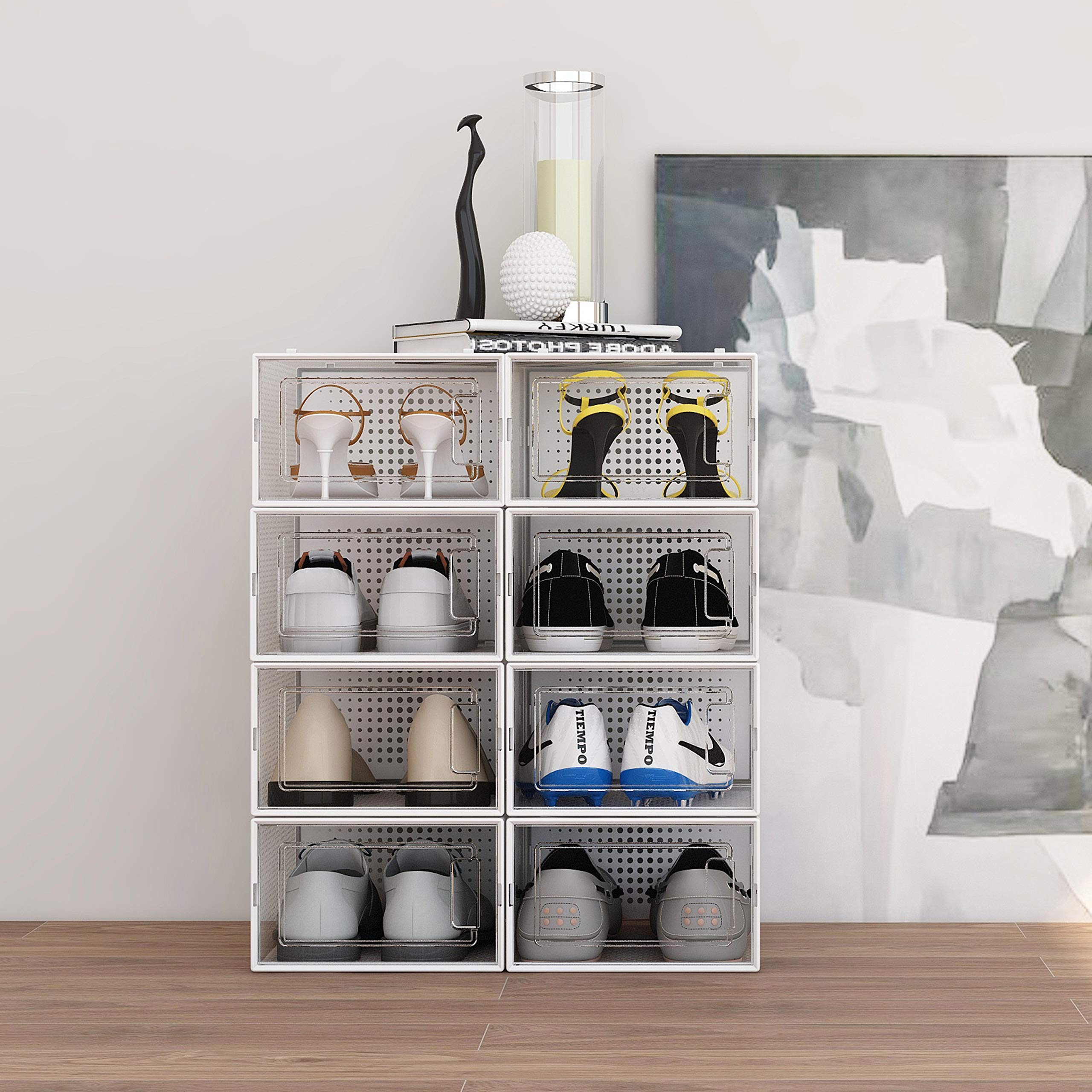 PARANTA Clear Shoe Storage Box, Plastic, Foldable And Stackable, Set Of 8, For Storage And Display Of Men And Women Shoes, White (Medium)