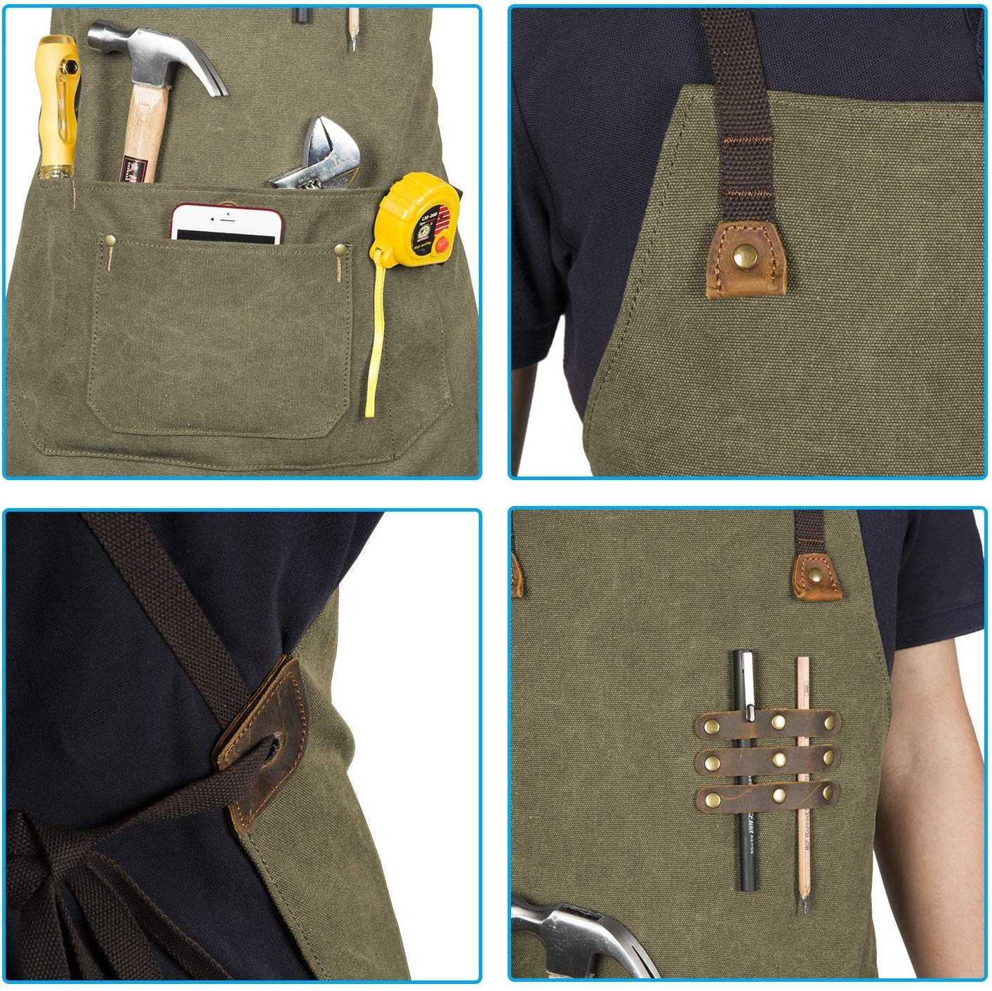 urhgart Waxed Canvas Work Aprons for Men & Women, Shop Apron, Heavy Duty Woodworking, Barista, Barber, Chef, Bartender, Metal Working, with Pockets (Green 1 Piece)
