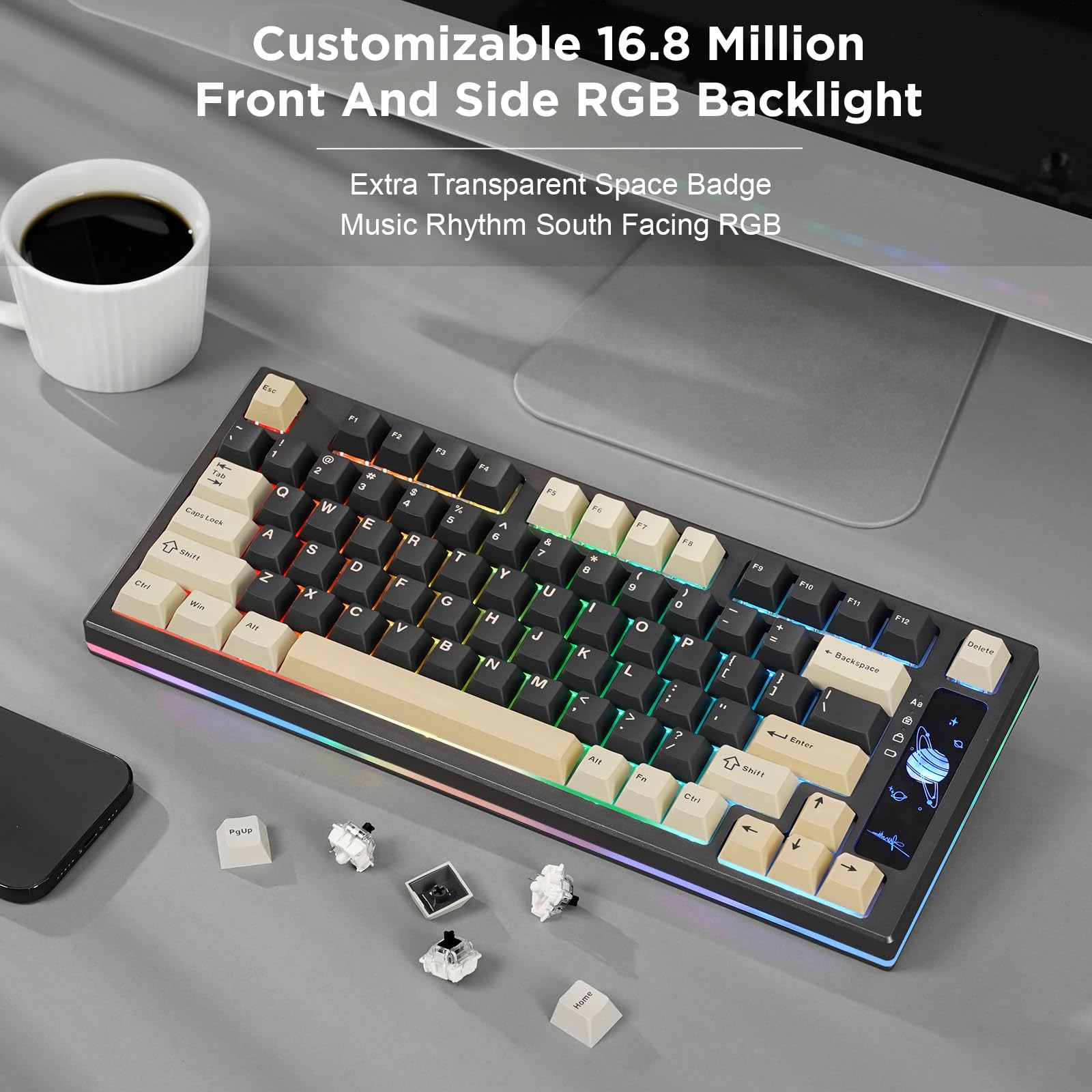 YUNZII YZ75 75% Hot Swappable Wireless Gaming Mechanical Keyboard, RGB Backlights, BT5.0/2.4G/USB-C, Dye Sub PBT Keycaps for Linux/Win/Mac(Gateron G Pro Brown, White)