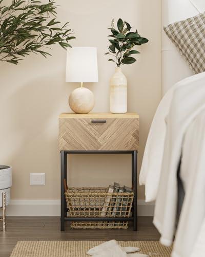 Masupu Nightstand,Bedside Tables with Storage Drawer,Tall Nightstand with Herringbone Pattern,Bedside Furniture,Small Side Table for Small Spaces, Bedroom, Living Room, Rustic Oak