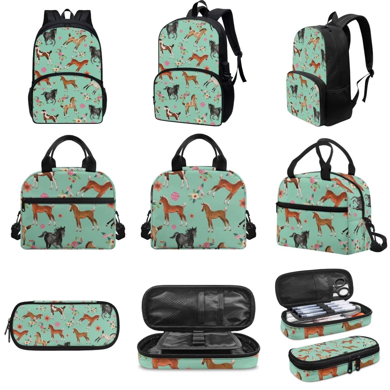 Parprinty Cute Girls Backpack with Lunch Box Pencil Case Multi Pockets Large Green Floral Horse School Backpack and Lunch Bag Set for Girls Student Lightweight Basic Comfy Book Bag 17 Inch