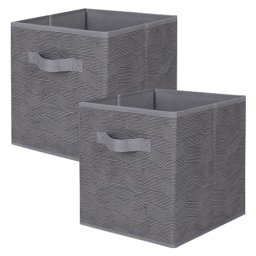 PowerKing Collapsible Storage Cubes with Handles, Fabric Foldable Bins for Closet Shelves, Durable Organization Storage Bins, 10.5'' x 11'' x 10.5'' (2Pack, Grey Stripes),(809-P2)