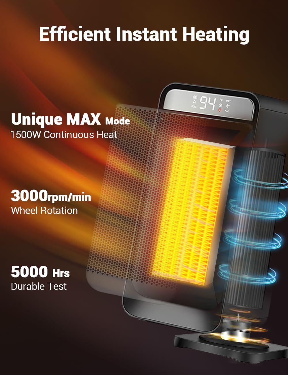 Wind Talk Space Heaters for Indoor Use, 1500W Ceramic Electric Heater, Portable Heater with Thermostat, Oscillating Room Tower Heater Safety for Office Bedroom Use with 4 Modes, 24h Timer, LED Display