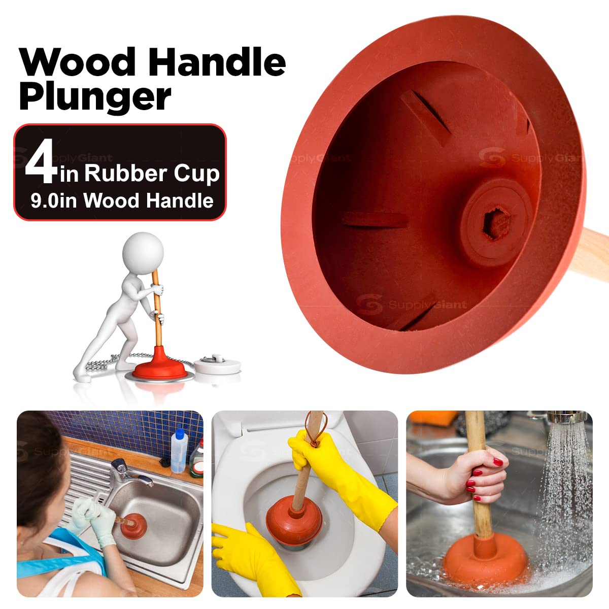 SUPPLYGIANT SU3222 Sink Plunger - Heavy Duty Rubber Plunger for Bathroom - Small Plunger for Sink with 9β Wooden Handle to Fix Clogged Basins and Tubs