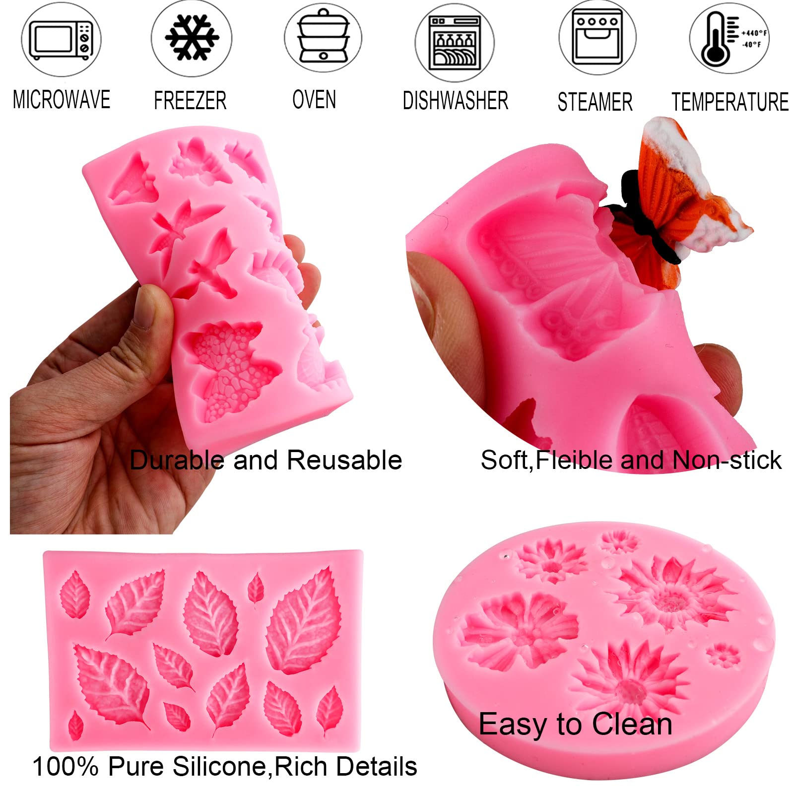 Silicone Mold Flower 8pcs Chocolate Fondant Polymer Clay Candy Gummy Mold,Rose Leaf Butterfly Bee Honey Shaped Silicone Molds for DIY Cake Cupcake Decor Craft