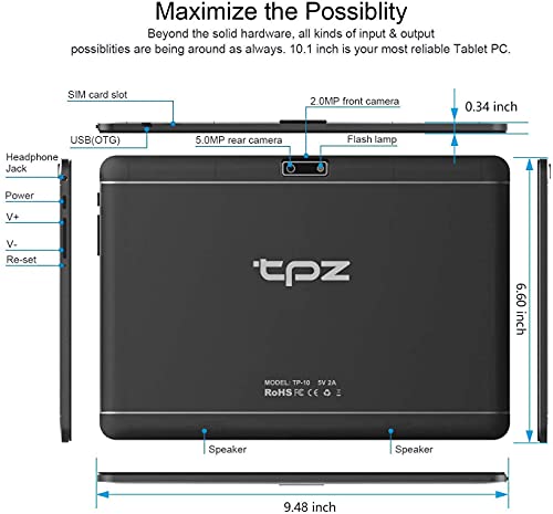 TPZ Tablet 10 inch, Android Tablets, Support 3G Phone Calls32GB, Dual SIM Card Slots & Cameras, WiFi, Google Certified, IPS HD Touchscreen, Bluetooth, 6000mAh Battery, GPS