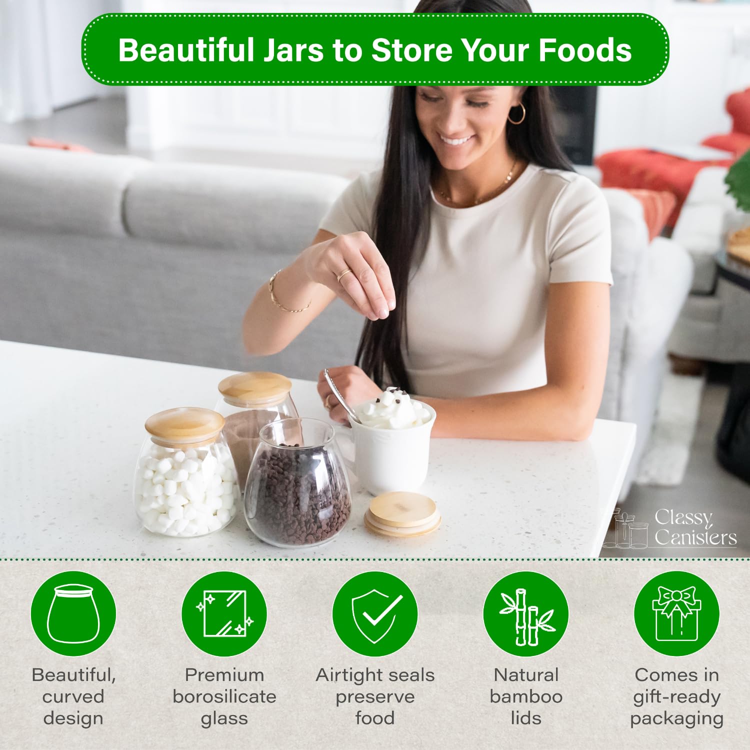 Set of 3 Round Glass Jars With Bamboo Lids - Modern, Glass Storage Containers for Coffee, Sugar, Candy, Rice, Pasta & More - Decorative 29 Ounce Borosilicate Glass Canisters With Airtight Lids