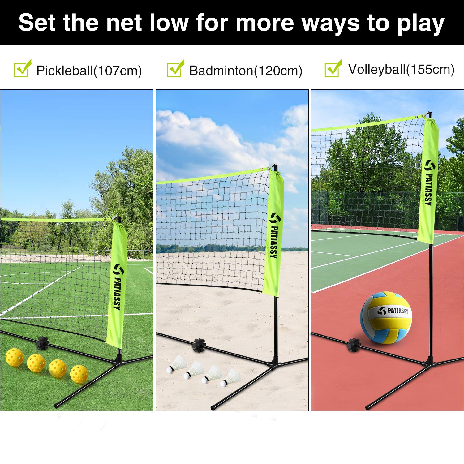 Patiassy 17ft Portable Volleyball Badminton Net Set - Indoor Outdoor Adjustable Height Net with Poles, 4 Shuttlecocks, 4 Pickleballs and 1 Volleyball for Backyards Beach