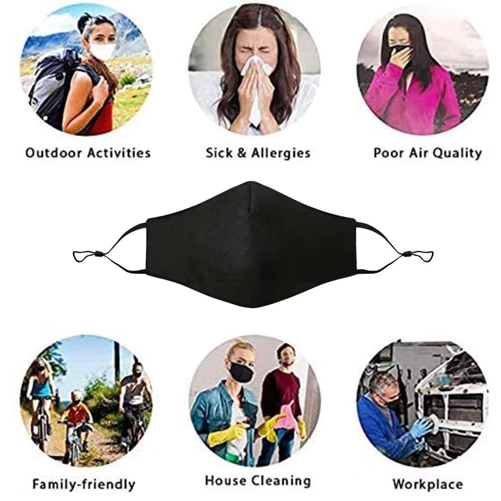 NBDIB 5 Pcs Adult Unisex Reusable Washable Adjustable Face Protection with Filter Pocket and Nose Wire Black Breathable Cotton Dust Cloth Mask with 10Pcs Replacement Carbon Filters for Man and Women