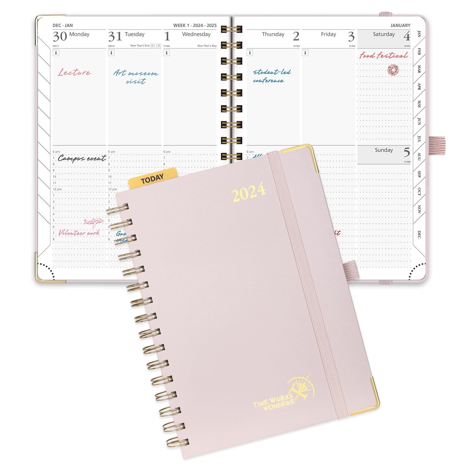POPRUN 2024 Planner Daily Weekly and Monthly 8.5'' x 6.25'' - Vertical Agenda 2024 with Hourly Schedule, Tabs & Calendars, Monthly Planner Spiral Bound Hardcover - Light Pink