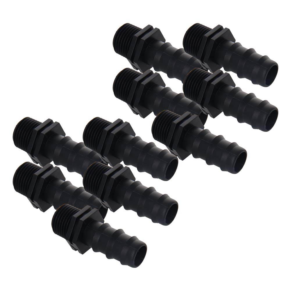 MroMax 10Pcs Drip Irrigation Fittings 1/2" Male Thread Barbed Pipe Connectors External Socket Hose Fitting for Garden Lawn Agricultural Irrigation System Plastic Black, 2.36" length