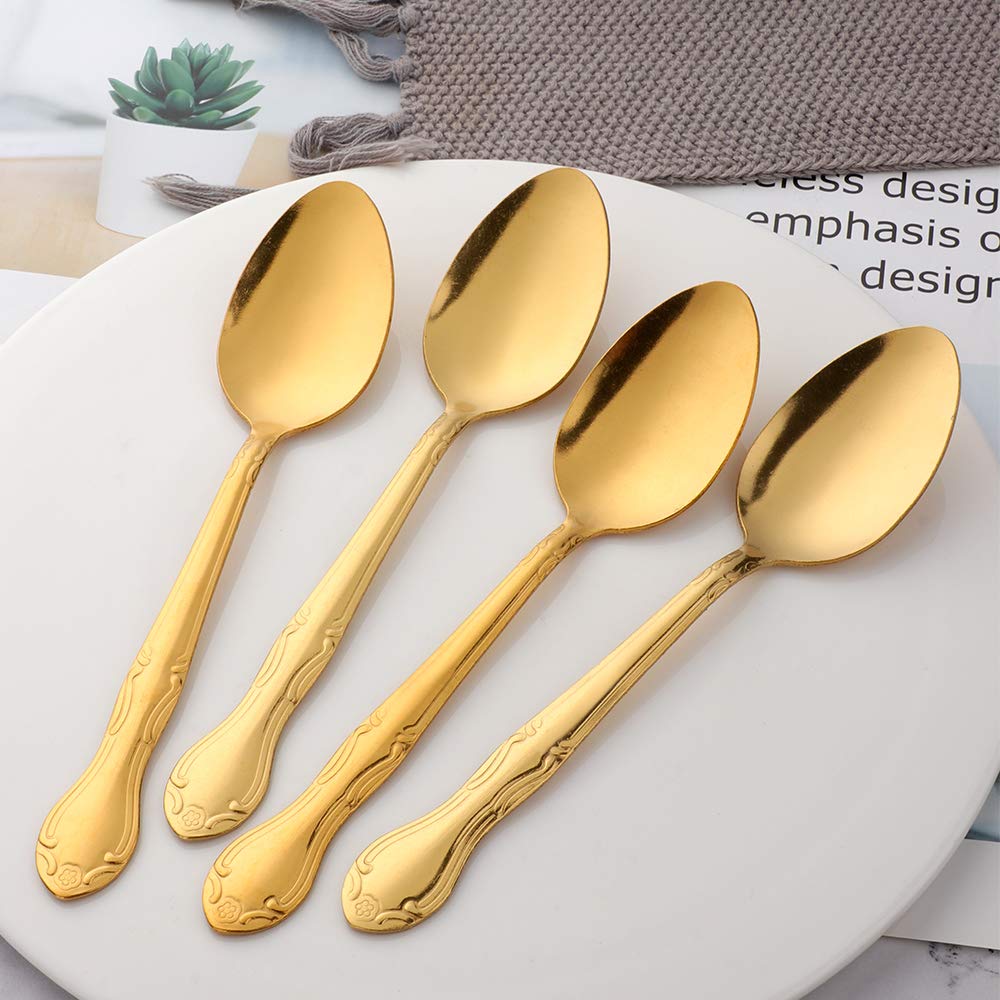 QIBOORUN 12-Piece Stainless Steel Dinner Spoons with Flower Edge, Stainless Steel Dinner Spoons Set, Table Spoon Dessert Spoons for Home, Kitchen or Restaurant - 7.3 Inches-Gold