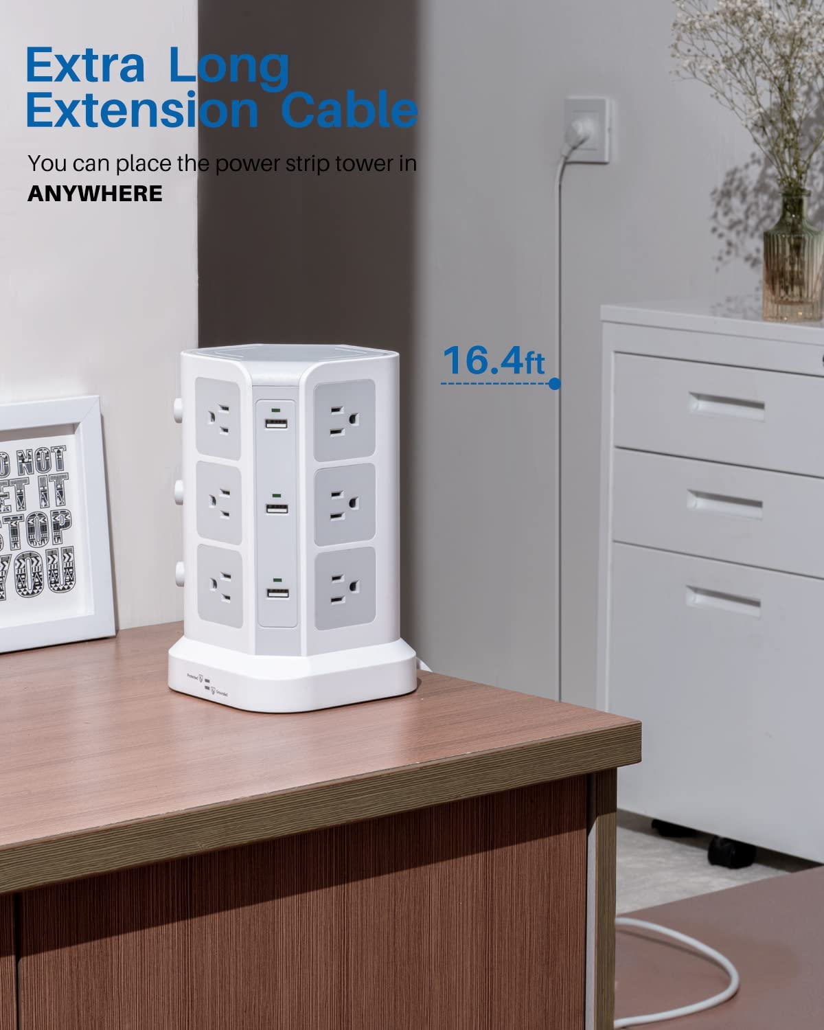 Surge Protector Power Strip Tower 16.4 FT + 6.5 FT, [1500 Joules] 12 Widely Spaced AC Outlets with 6 USB Ports Charging Station White