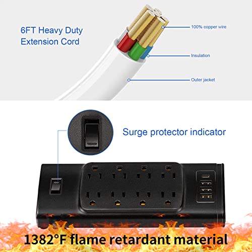 Surge Protector Power Strip 6 ft Flat Plug Power Strip, Multiple Plug Outlet, Outlet with 8 Sockets 4 USBInterface, 1875W, 2700 Joules, Black,Desktop Power Strip