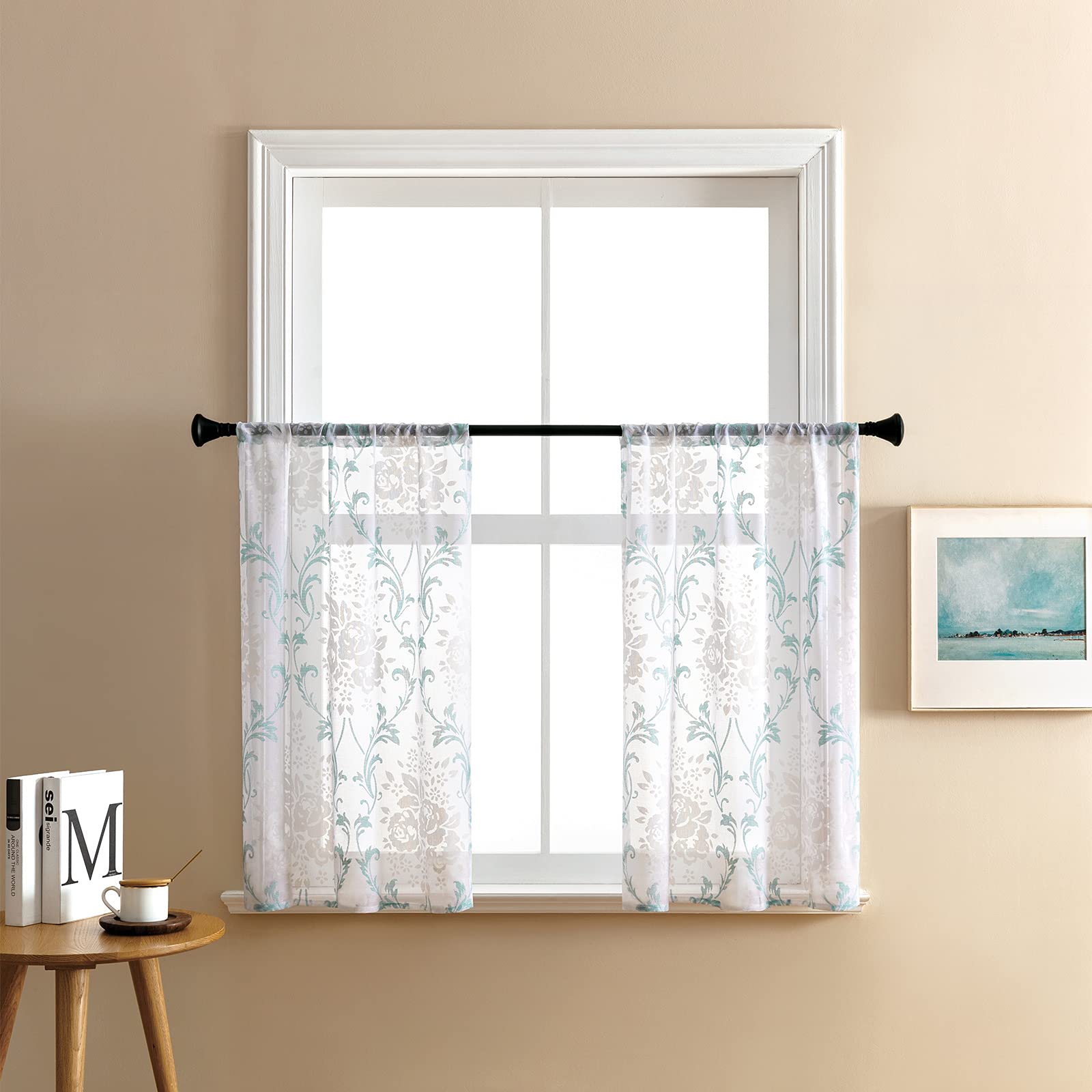 MRTREES Sheer Kitchen Tier Curtains, Short Cafe Curtains Rod Pocket, Small Scroll Damask Printed Bathroom Window Curtains Basement Damask Flower Print Tiers(2 Panels, 25x24 Inches, Taupe on White)