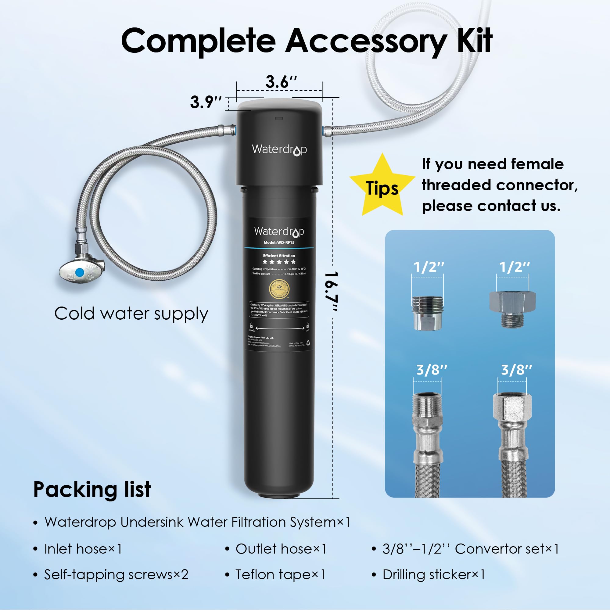 Waterdrop 15UA Under Sink Water Filter, NSF/ANSI 42 Certified, Reduces PFAS, PFOA/PFOS, Lead, Chlorine, Odor, Under Sink Water Filter System
