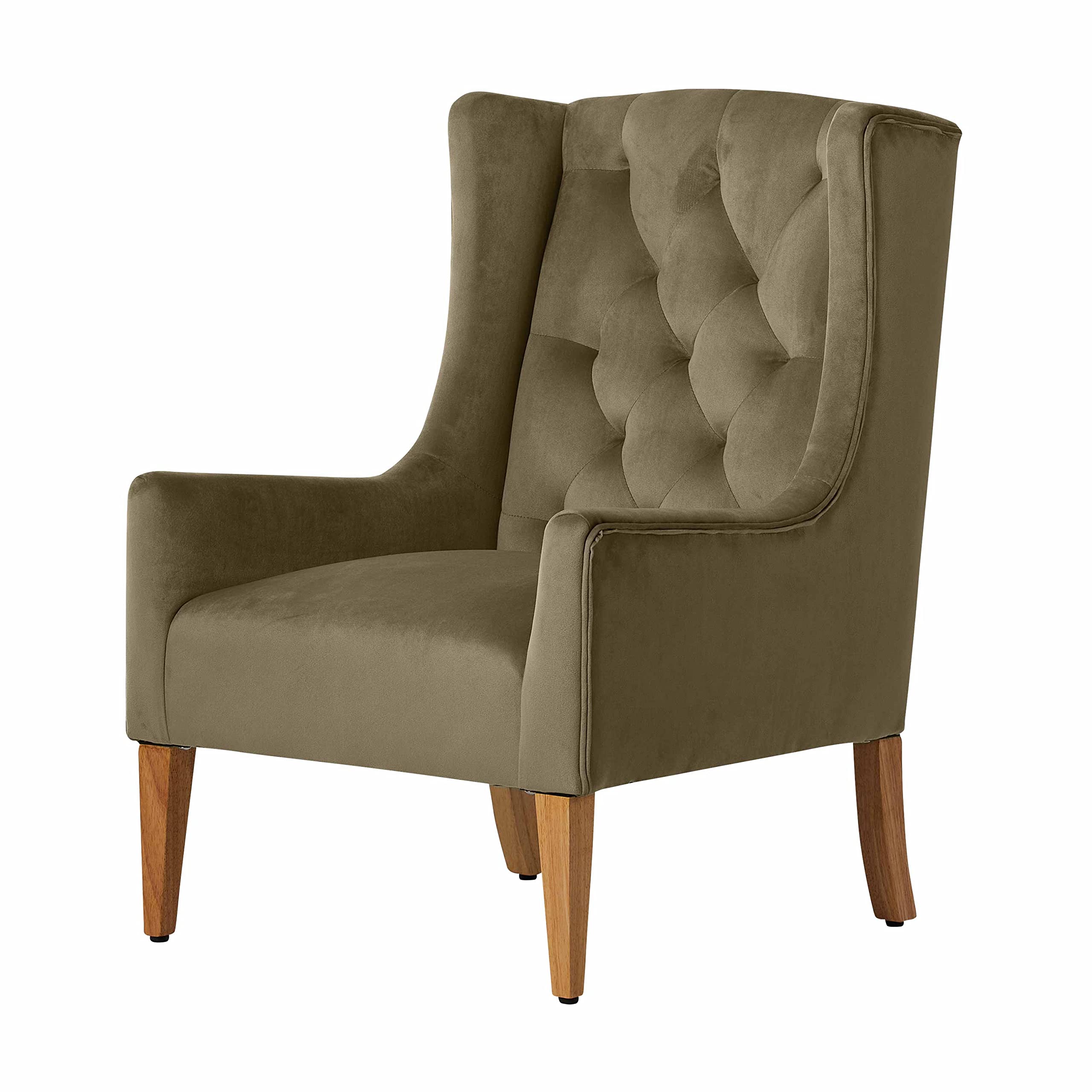 LOVSPATIO Mid-Century Accent Chair,Button Tufted Velvet Armchair with High-Back Rest,Big Cushioned Seat and Solid Wood Legs for Living Room Bedroom (Light Brown)