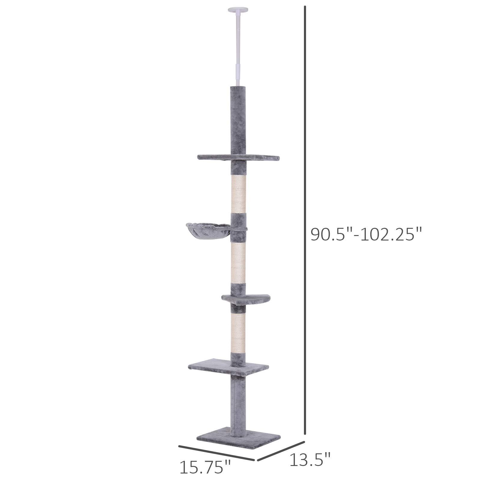 PawHut 8.5' Adjustable Height Floor-to-Ceiling Vertical Cat Tree, Gray and White