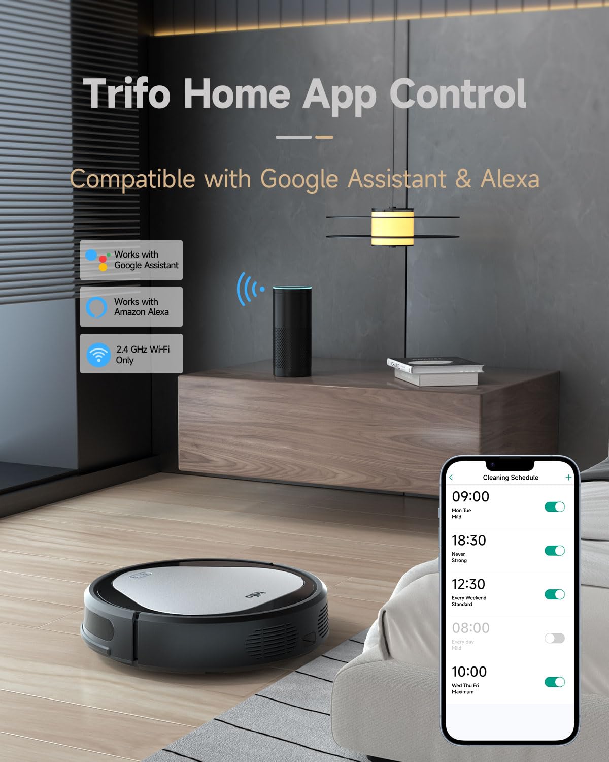 Maxwell Robot Vacuum Cleaner, 2500pa Strong Suction, Self-Charging Robotic Vacuum Cleaner, Anti-fall Sensor, Alexa & App Connect, Home Surveillance Camera, Works On Hard Floor & Low Pile Carpet